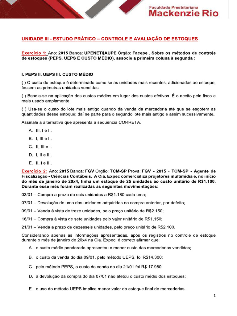 Exercícios de Estoque | PDF