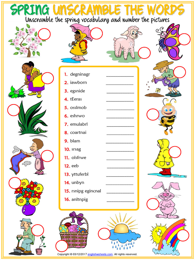Seasons Vocabulary Esl Unscramble The Words Worksheets For Kids | PDF