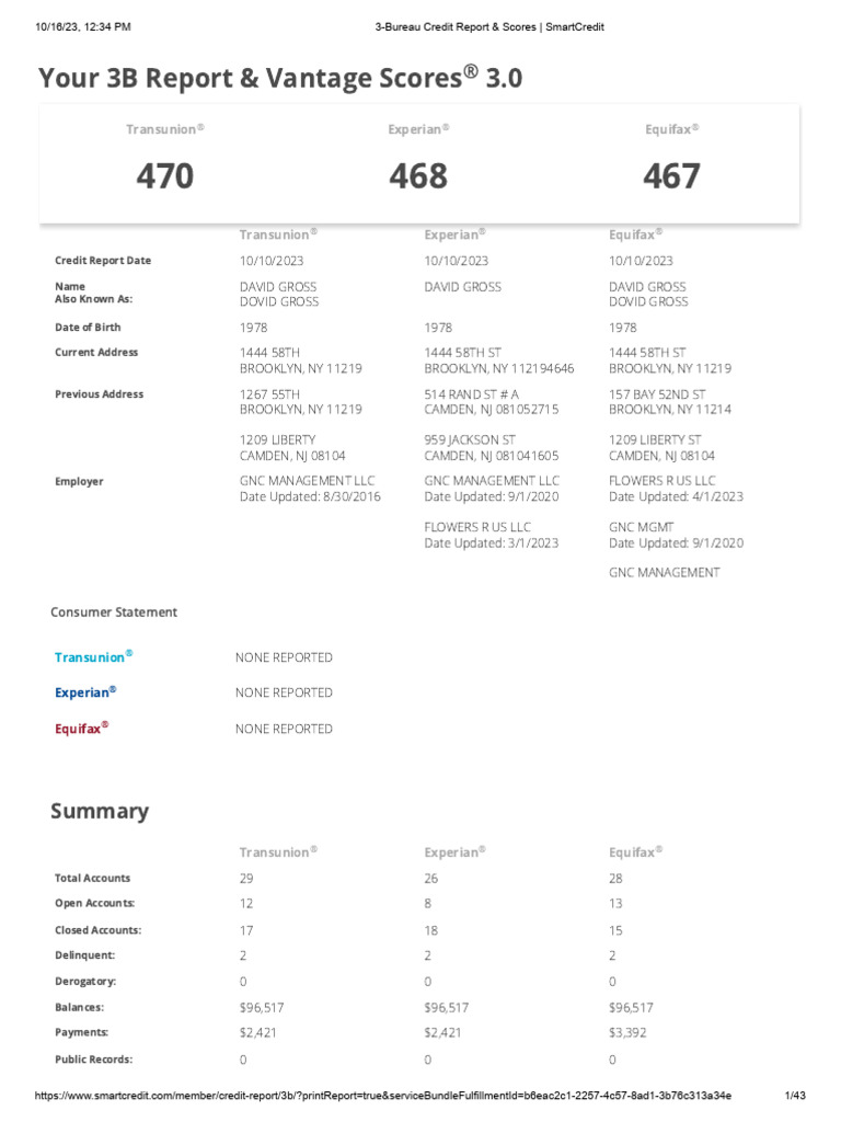 3-Bureau Credit Report & Scores - SmartCredit After Part 1 | PDF ...
