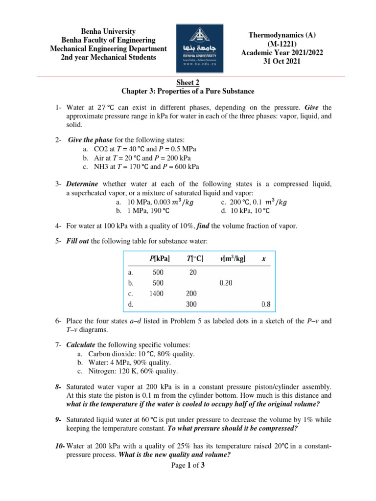 Thermodynamics - Sheet 2 - M-1221 - DR - Tarek Adel Rev 002 31-10-2021 | PDF | Pressure | Steam