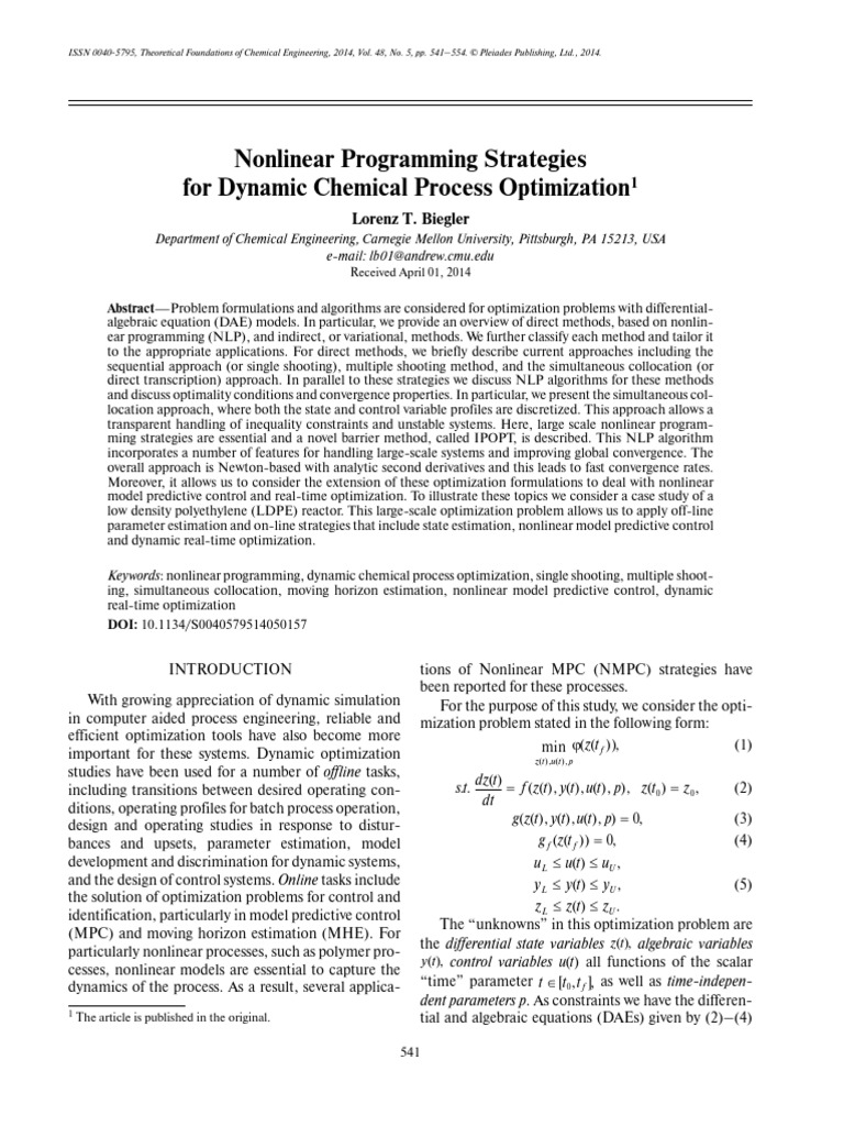 Nonlinear Programming Strategies For Dynamic Chemical Process ...