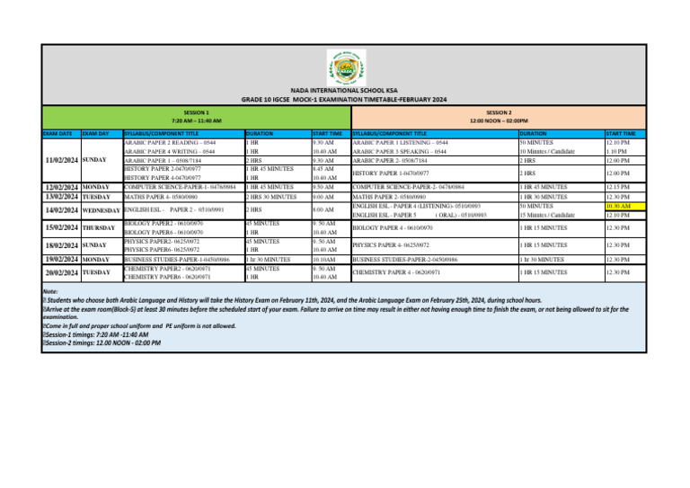Grade 10 Igcse Mock-1 Examination Timetable-february 2024 | PDF Grade 10 Igcse Mock-1 Examination Timetable-february 2024 | PDF
