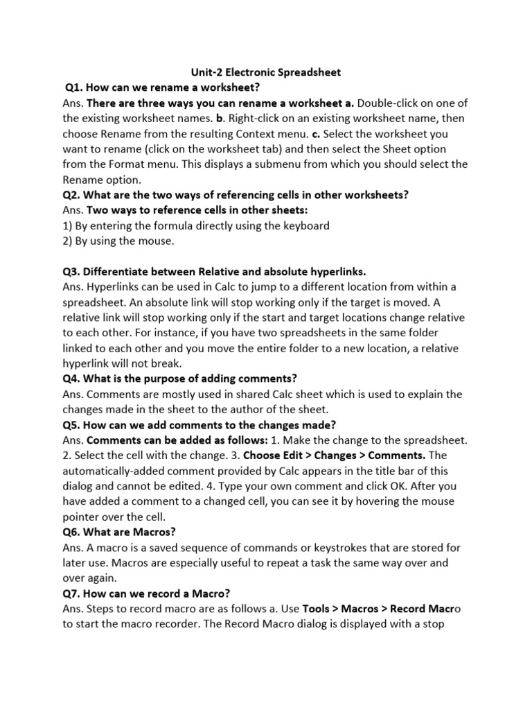 Unit-2 Electronic Spreadsheet | PDF | Spreadsheet | Macro (Computer Science)