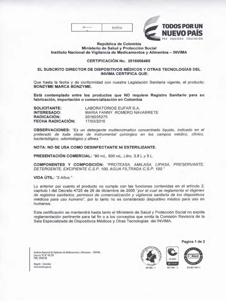 Certificacion Bonzyme No Requiere | PDF