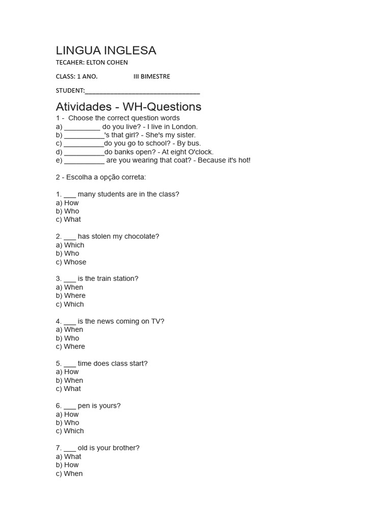 1 Ano WH Questions | PDF | Language Arts & Discipline | Teaching ...