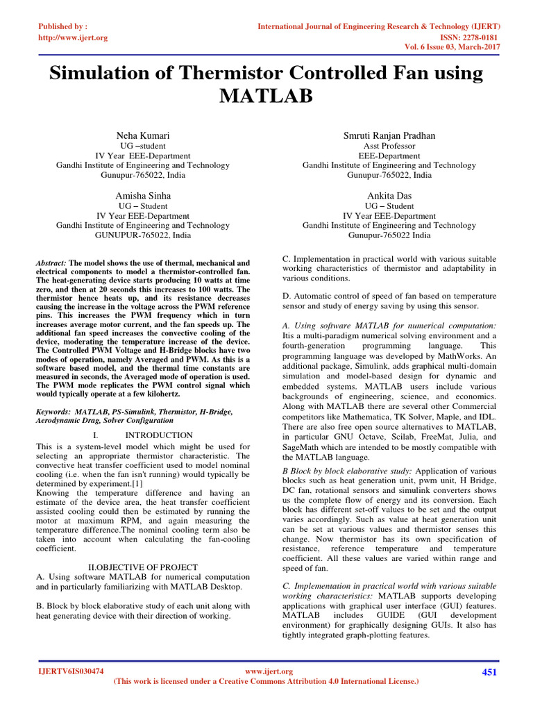 Simulation of Thermistor Controlled Fan Using Matlab IJERTV6IS030474 | PDF