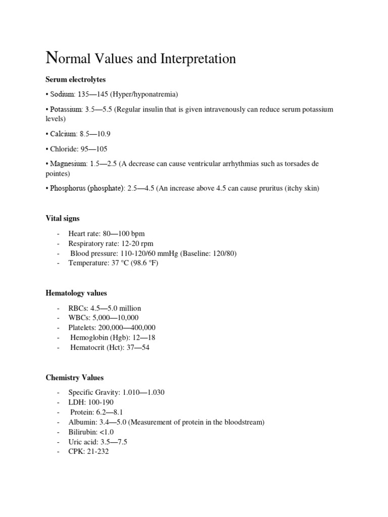 Normal Values and Interpretation | PDF | Blood Plasma | Heart Rate