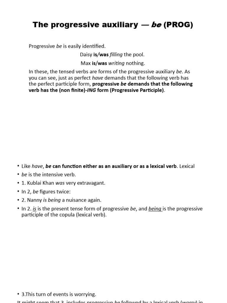 The Progressive Auxiliary — Be (PROG) | PDF | Verb | Perfect (Grammar)