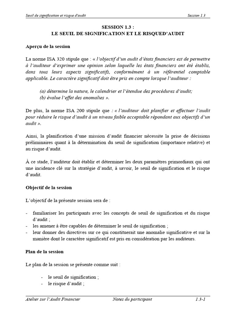 Session 1.3 - Seuil de Signification Et Risque D'audit | PDF | Audit | Risque