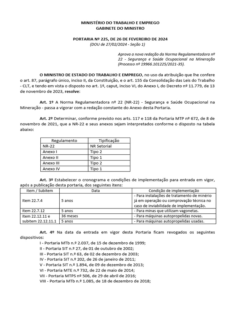 Portaria MTE #225 (Nova NR-22) | PDF