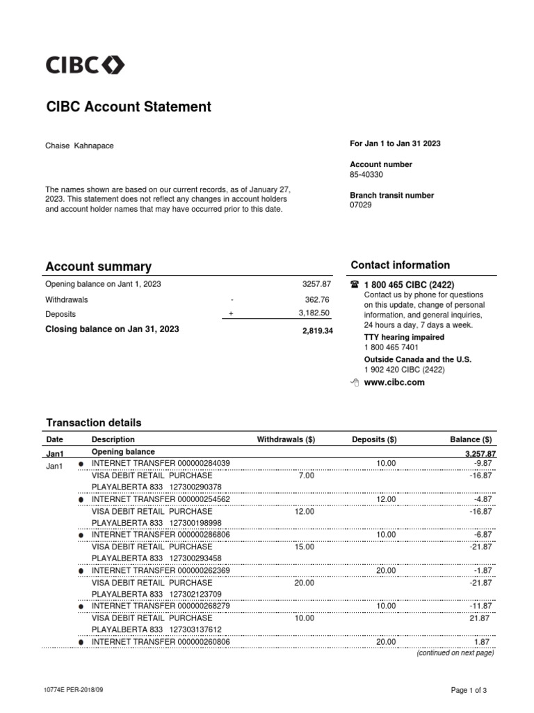 CIBC Account Statement | PDF | Debit Card | Business