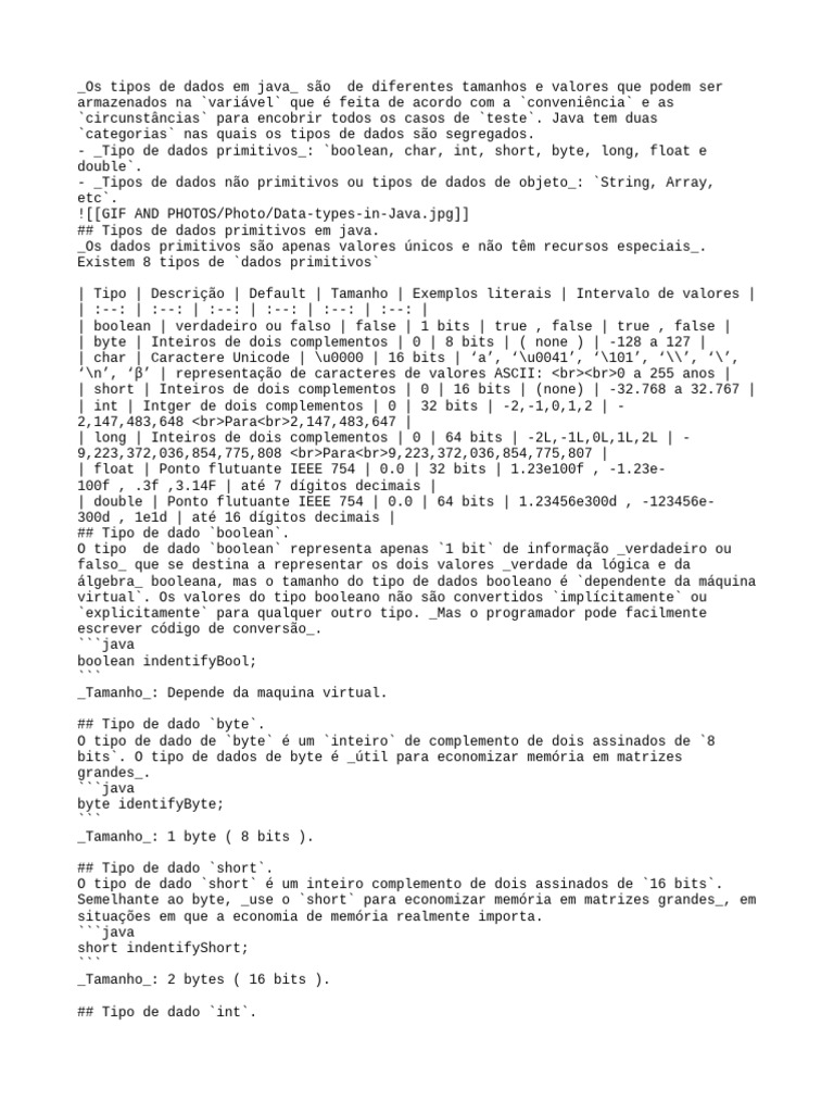 Tipos de Dados Java | PDF | Tipo de dados | Integer (Ciência da Computação) Tipos de Dados Java | PDF | Tipo de dados | Integer (Ciência da Computação)