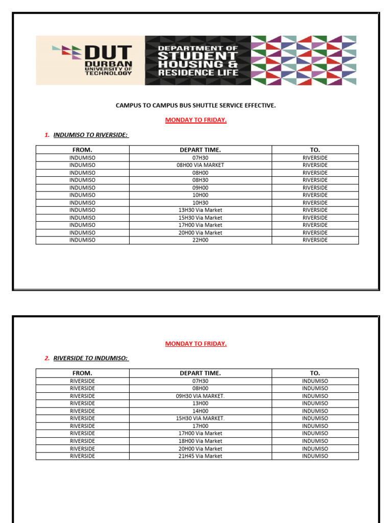 Temporal Campus To Campus Shuttle Timetable 2024 | PDF