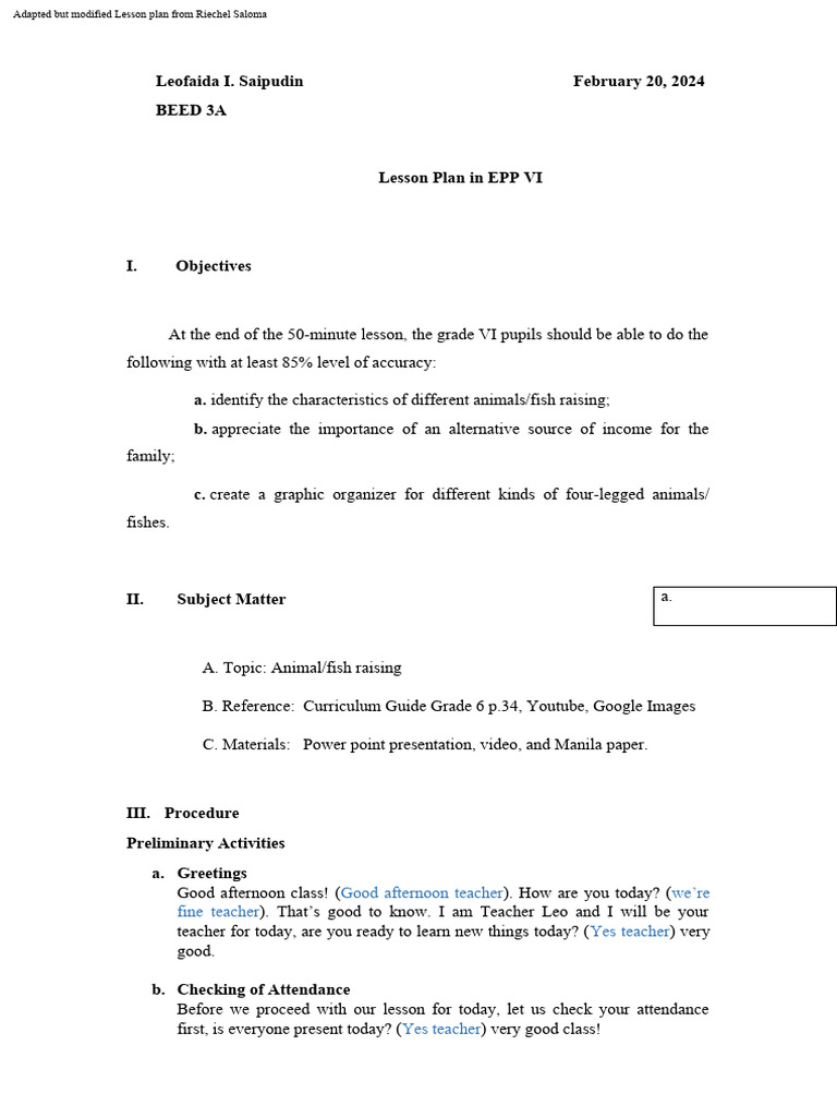 LIS-LP-EPP-FEB-20 | PDF | Lesson Plan | Cognition