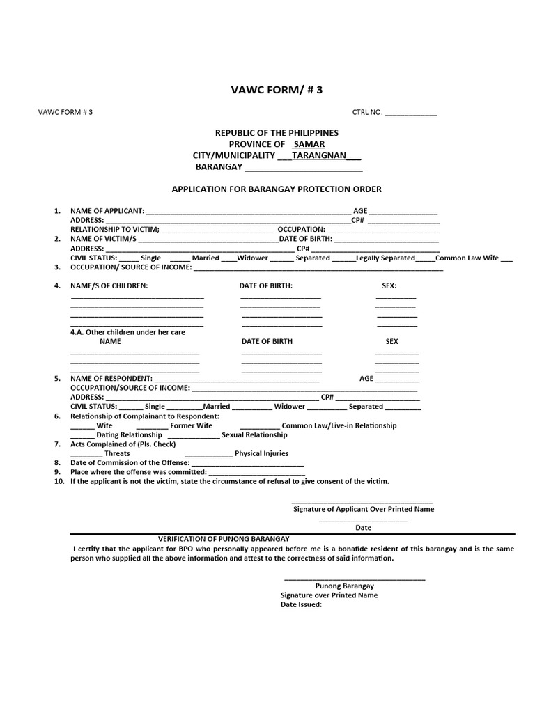 Vawc Form #3 Application For BPO | PDF
