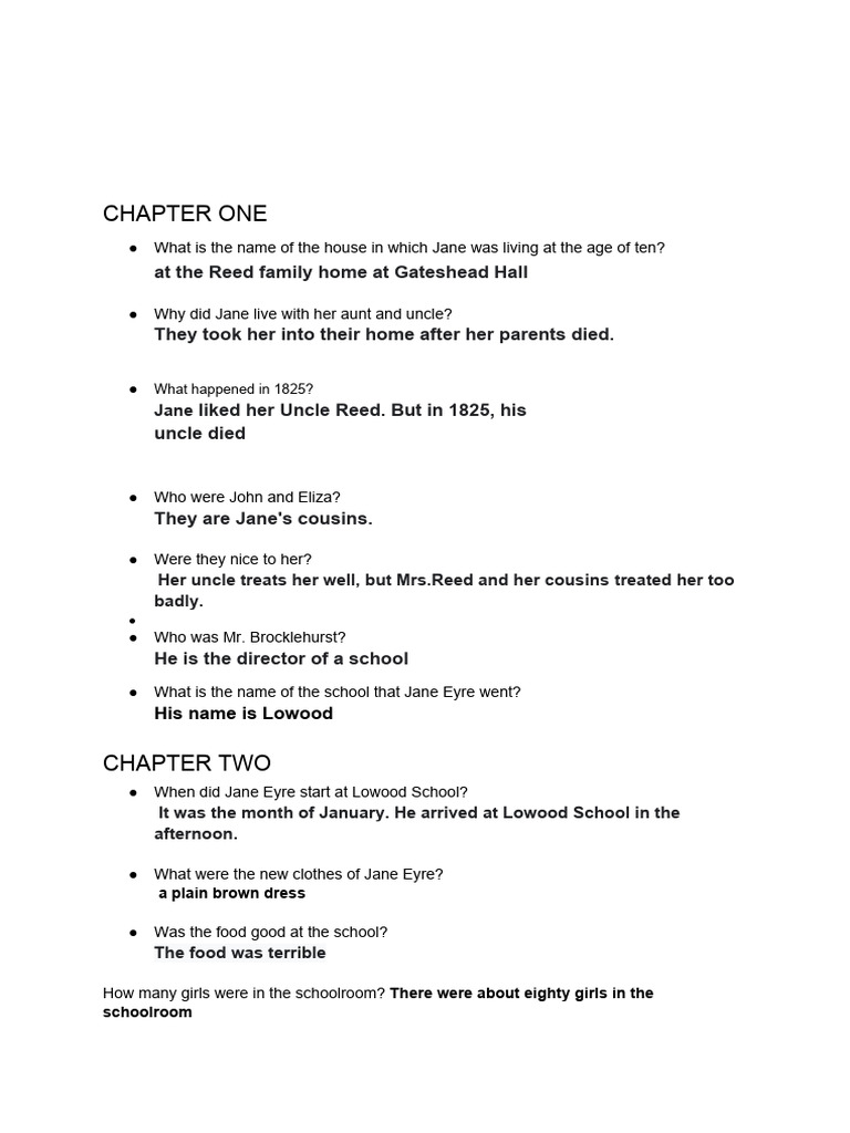 Jane Eyre: Key Comprehension Questions | PDF