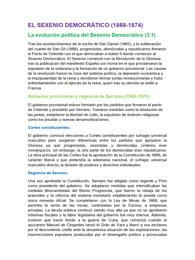 RESUMEN HISTORIA TEMA 3 EL SEXENIO DEMOCRÁTICO | PDF