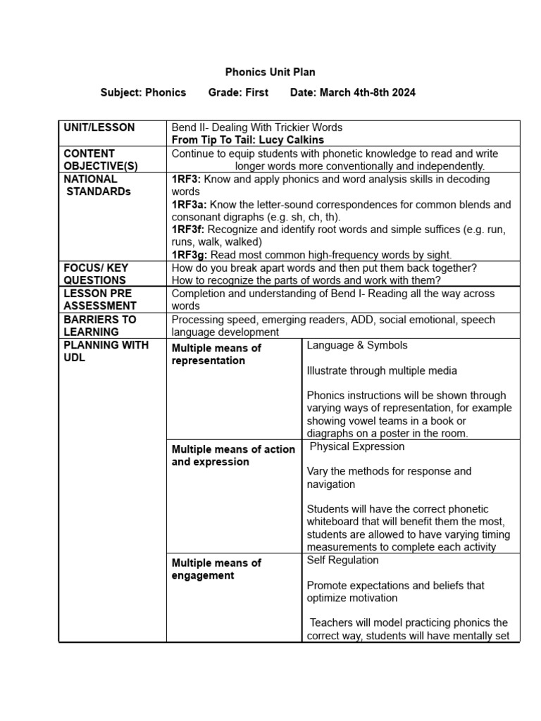 Jasmin Pepe 2024 Unit Plan | PDF | Phonics | Disability