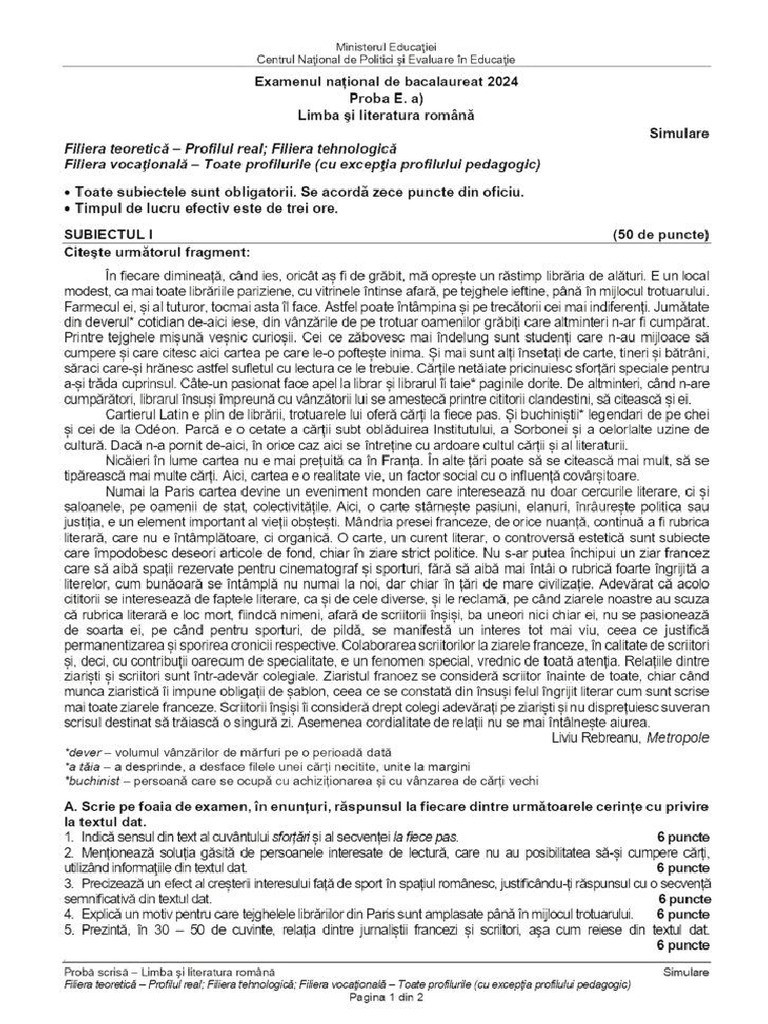 Simulare Bac Romana 2024 | PDF