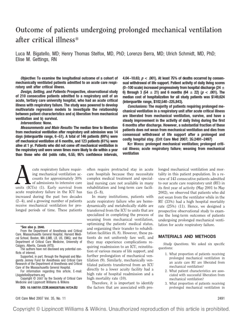 Outcome of Patients Undergoing Prolonged Mechanical Ventilation (Crit ...