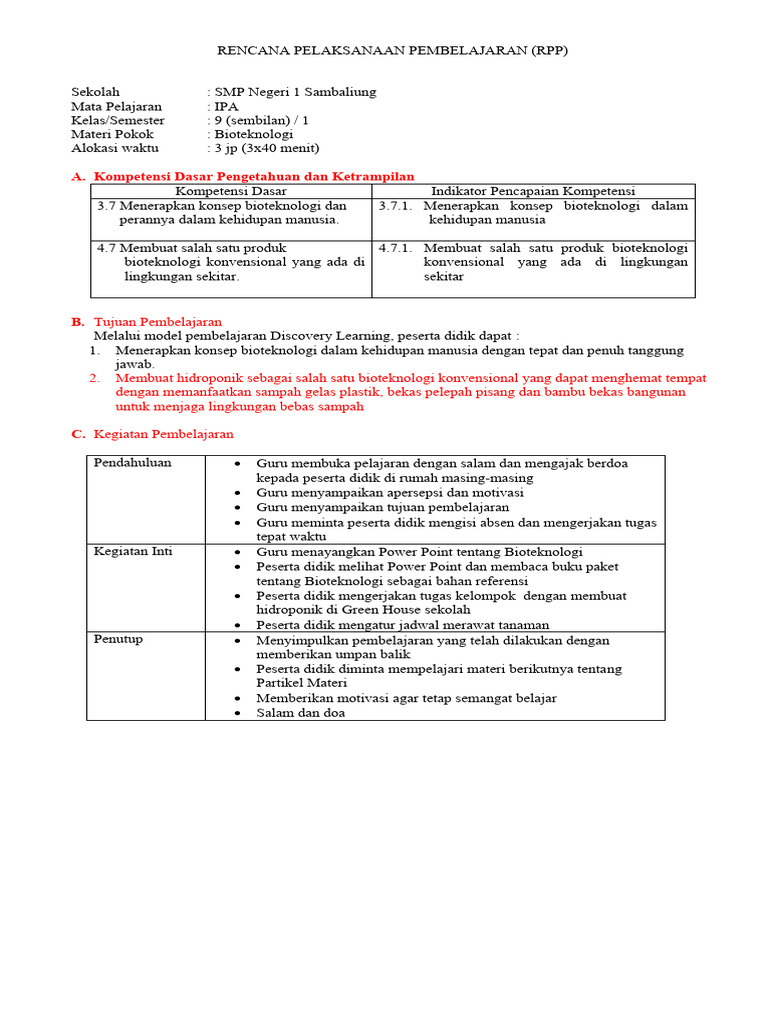 RPP IPA Kelas 9: Bioteknologi | PDF