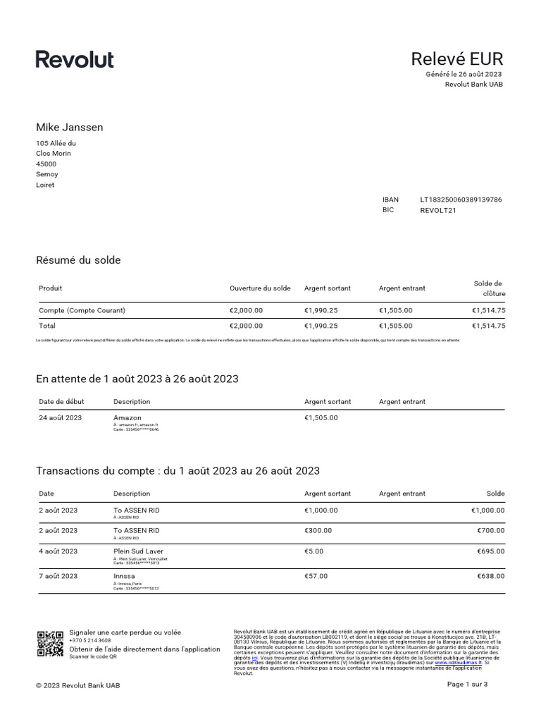 Relevé de compte Revolut - Août 2023 | PDF