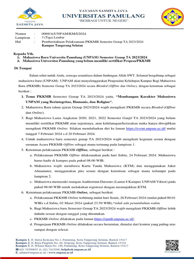 Pemberitahuan PKKMB Genap UNPAM 2023/2024 | PDF