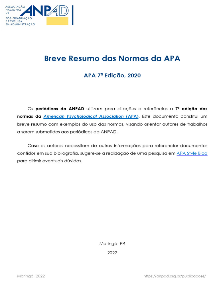 RAC - ANPAD - Resumo Normas APA - Citacoes - Referencias - Tabelas ...