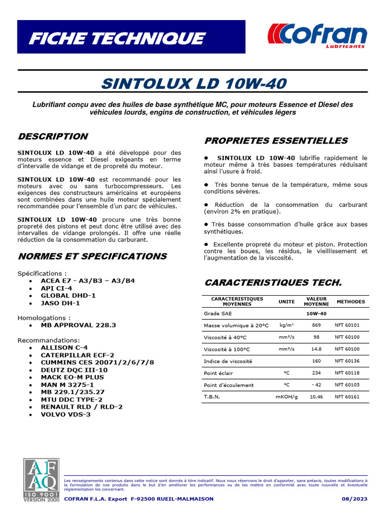 Cofran Sintolux LD 10W40 FR | PDF | Technology & Engineering