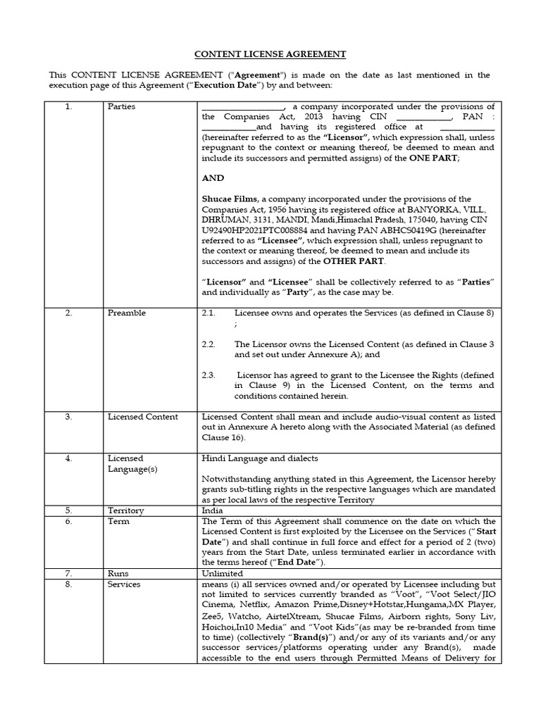 Content License Agreement - For Shucae Films | PDF | License | Video On ...