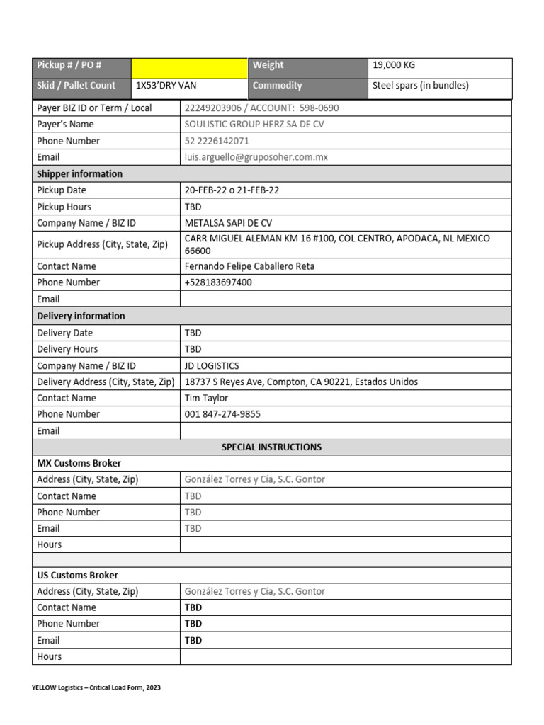 Steel Spars Shipment Form 2023 | PDF