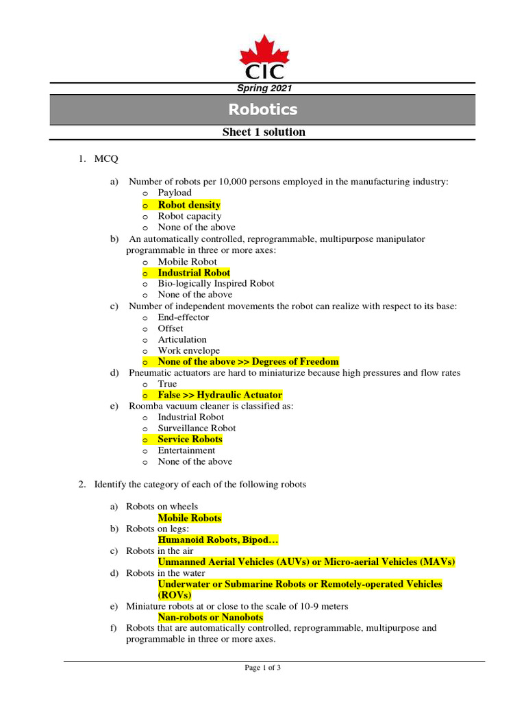 Sheet One - Robotics | PDF | Robot | Robotics