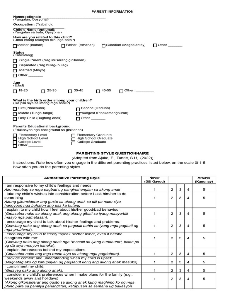 Parenting Style Questionnaire for Parents | PDF | Self-Improvement ...