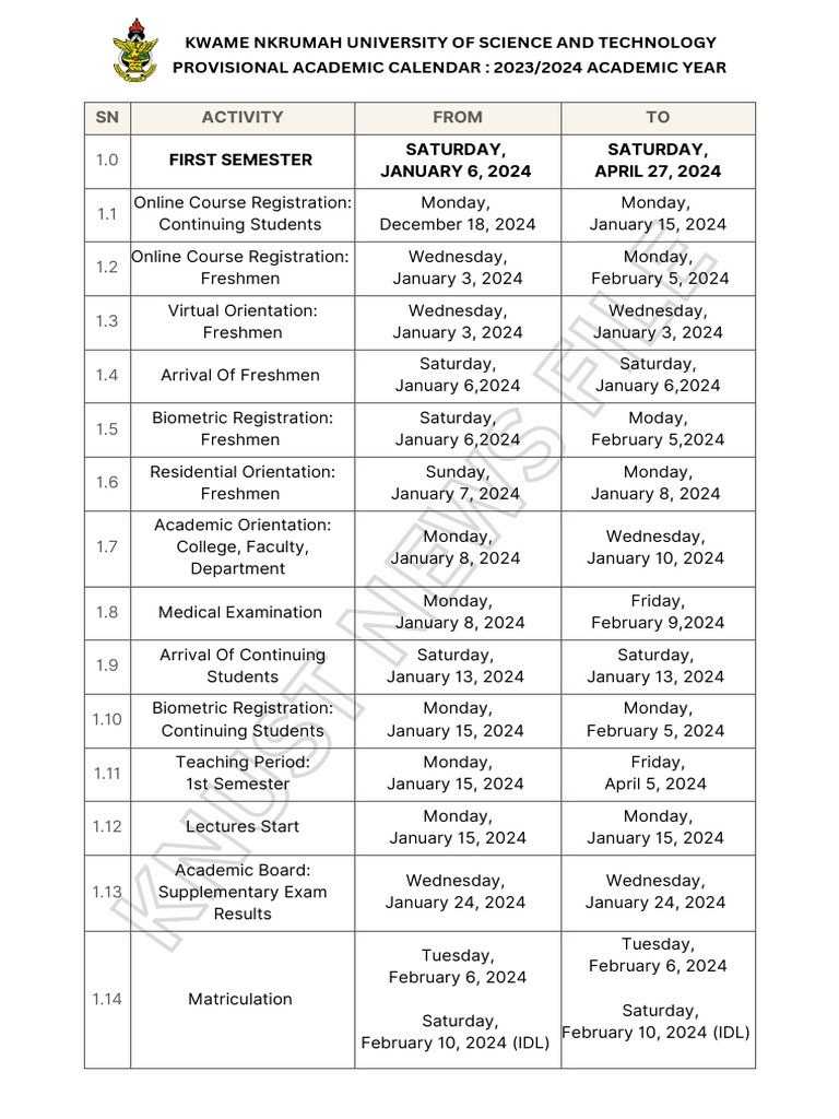 Provisional Academic Calendar 2023 2024 Academic Year Knust News | PDF ...