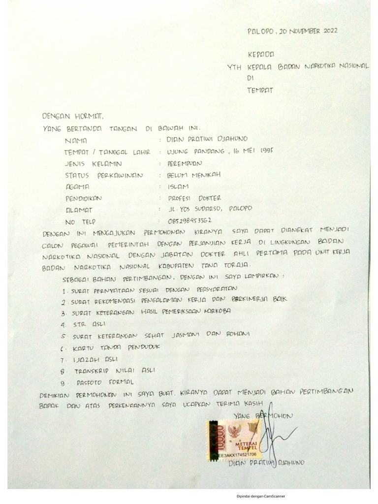 Surat Lamaran BNN | PDF