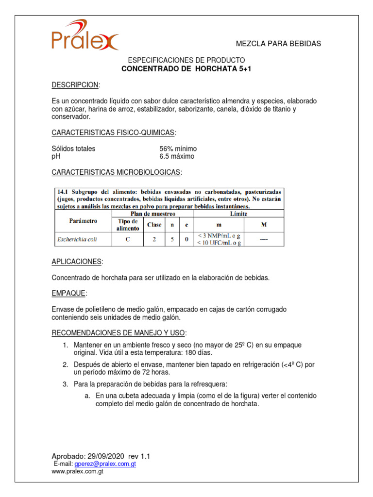 Especificaciones - Pralex Concentrado Horchata 5+1 Rev 1.1 | PDF ...