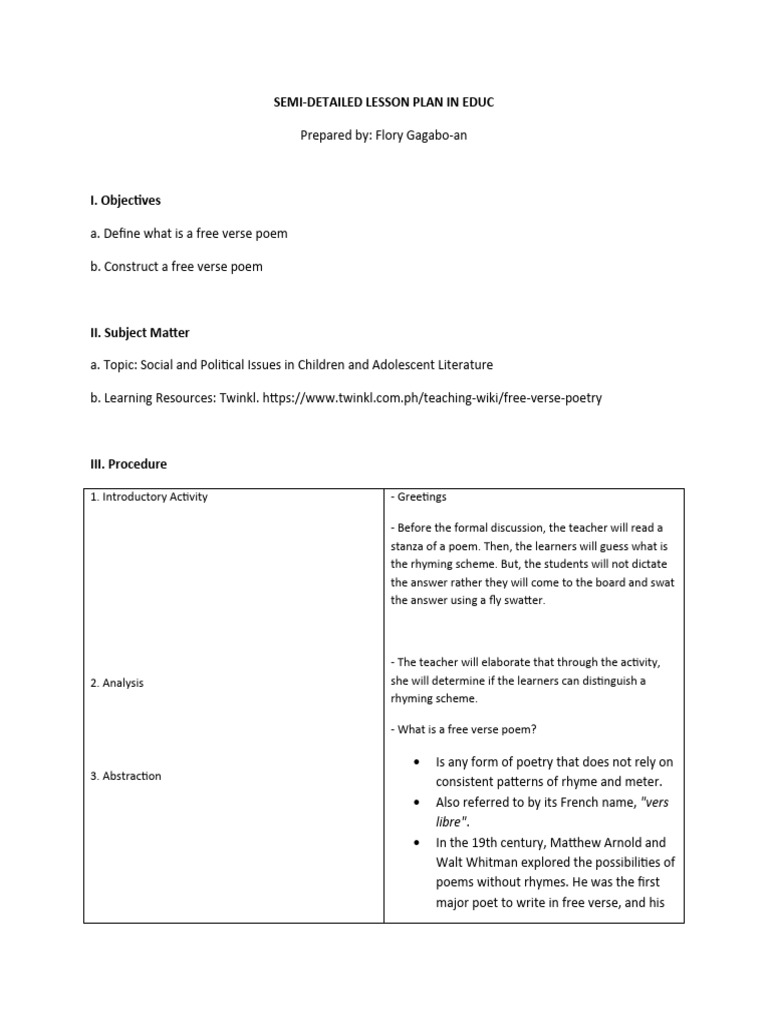 Semi-Detailed Lesson Plan | PDF | Poetry