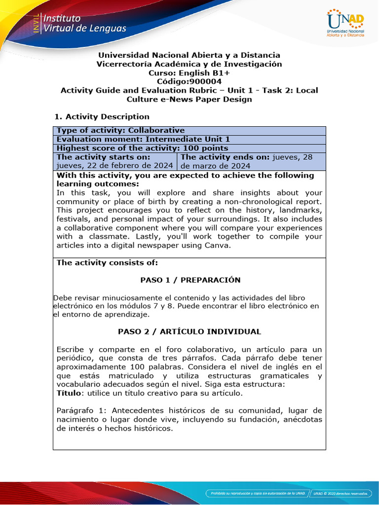 Activity Guide And Evaluation Rubric Unit 1 Task 2 Local Culture E News Paper Design Pdf