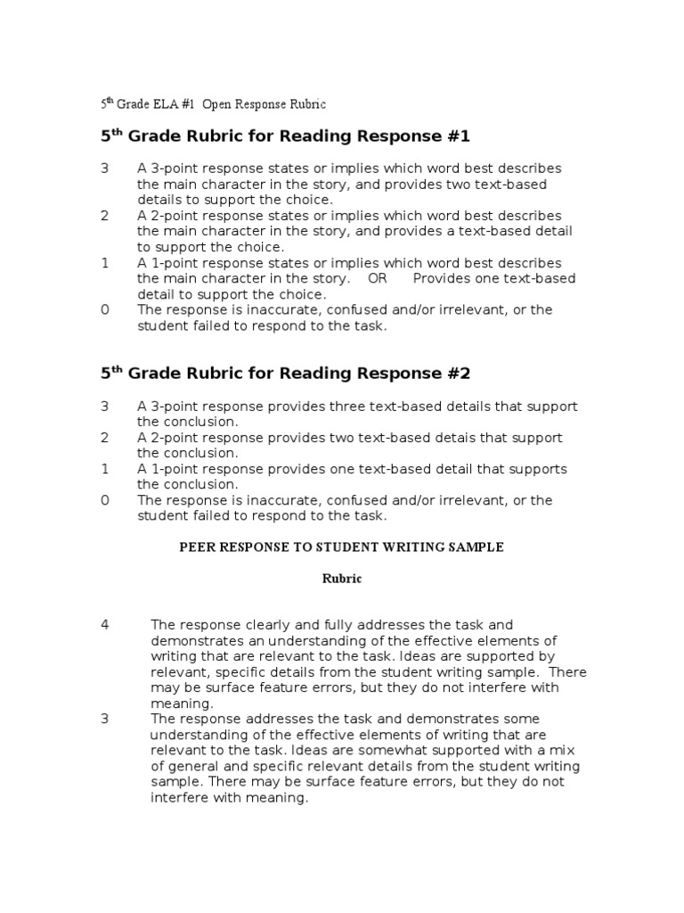 5th Grade Reading & Writing Rubrics | PDF | Communication | Cognition