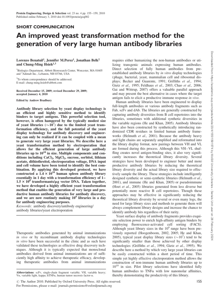 An Imrpoved Yeast Transformation Method For The Generation of Very ...