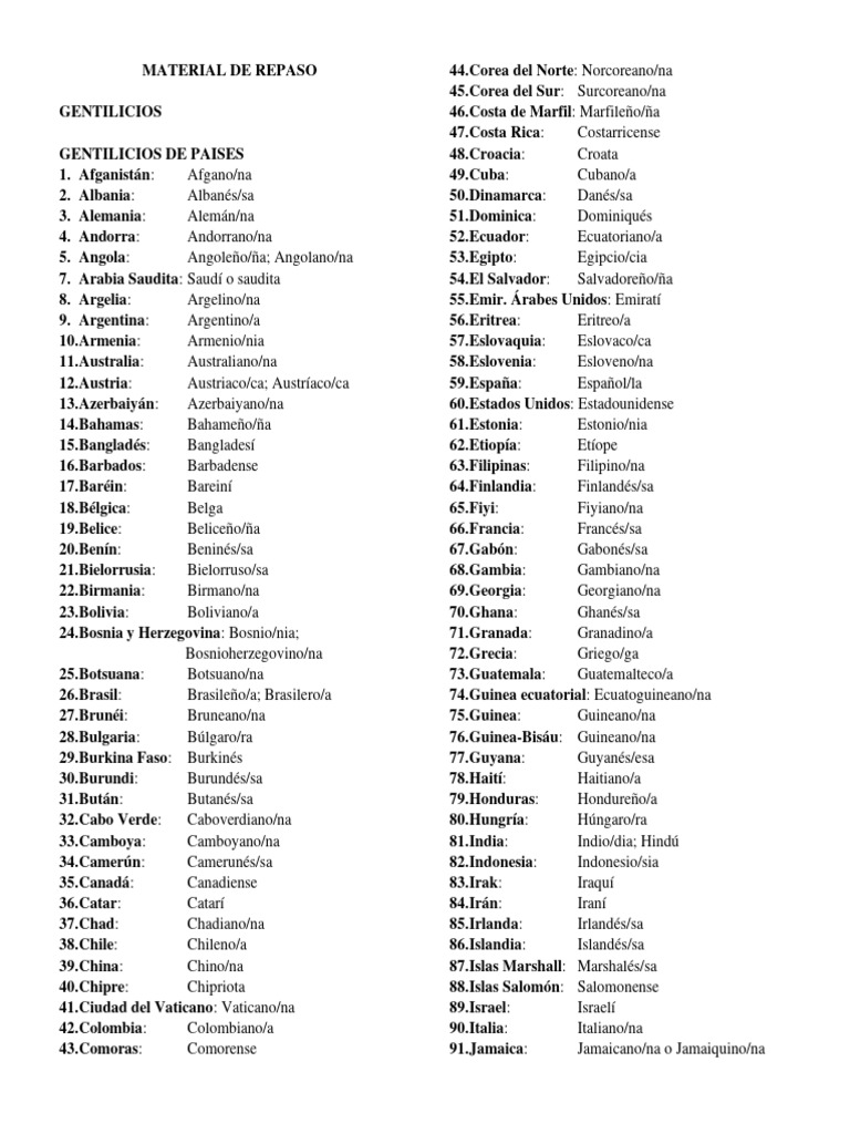 Guía de Gentilicios por País y Región | PDF