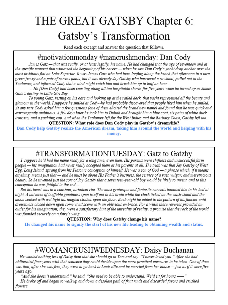 GATSBY Ch. 6 - Gatsby's Transformation Excerpts - Questions | PDF