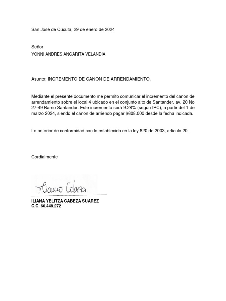 Carta Incremento Arriendo | PDF