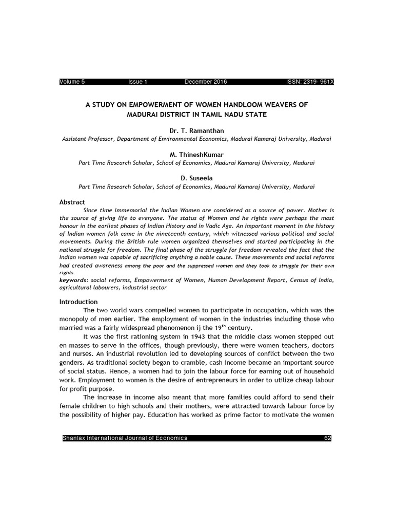 A Study On Empowerment of Women Handloom Weavers of Madurai District in Tamil Nadu State | PDF ...