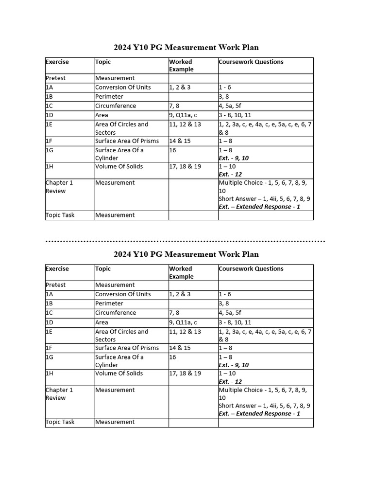 2023 Y10 PG Work Plan Measurement | PDF