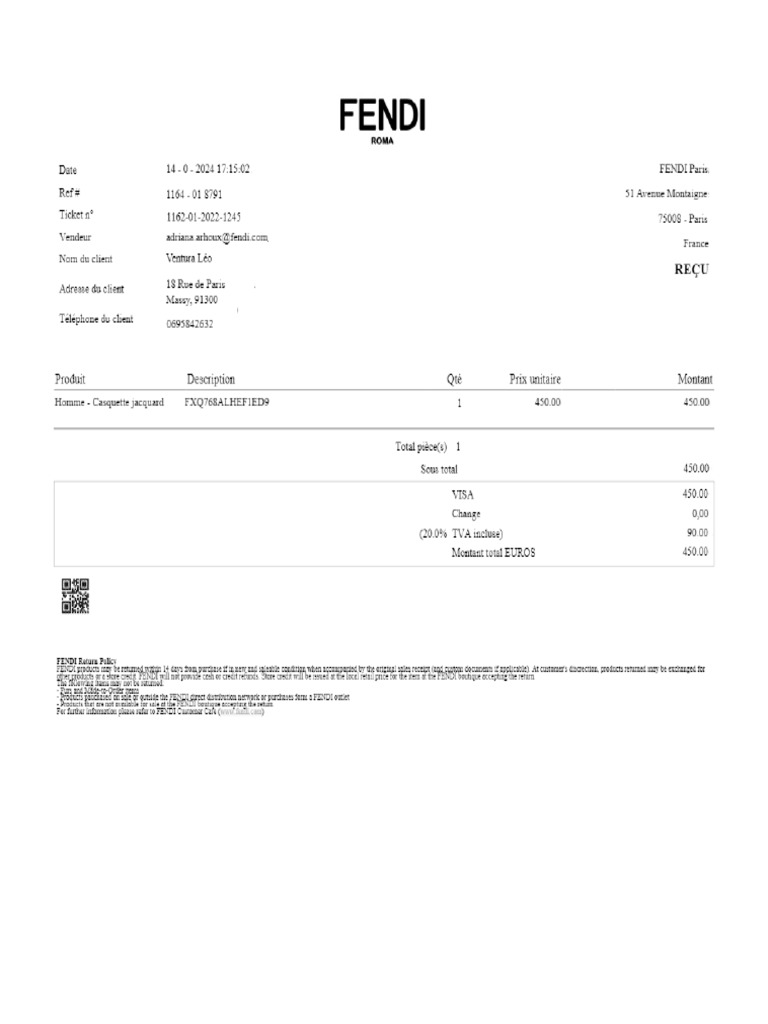 Facture Casquette Fendi | PDF