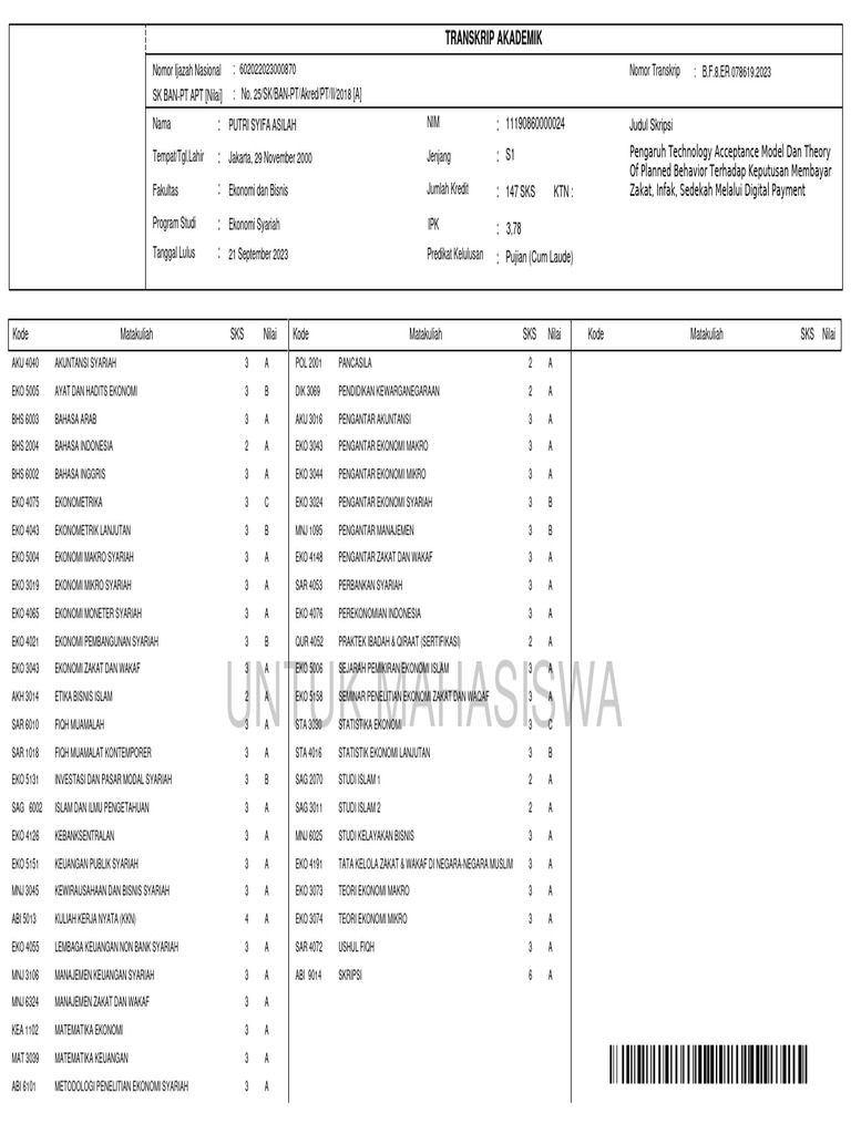 Transkrip Akademik Putri Syifa | PDF | Sains & Matematika