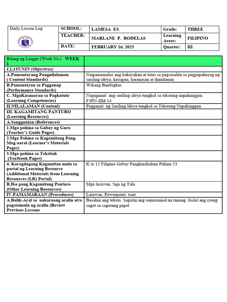 Filipino DLL Q3 WK1 - D4 | PDF