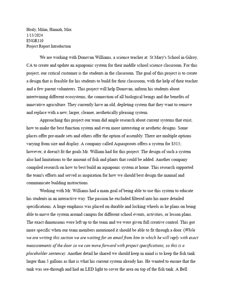 Project Report Introduction Stmarysgilroy 1 | PDF