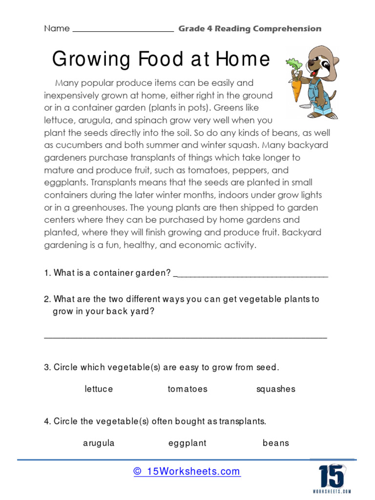 Growing Food at Home: Grade 4 Reading Comprehension | PDF